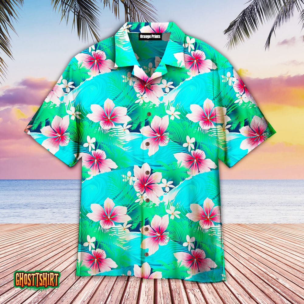 Tropical White Hibiscus Flowers With Green Leaves Aloha Hawaiian Shirt